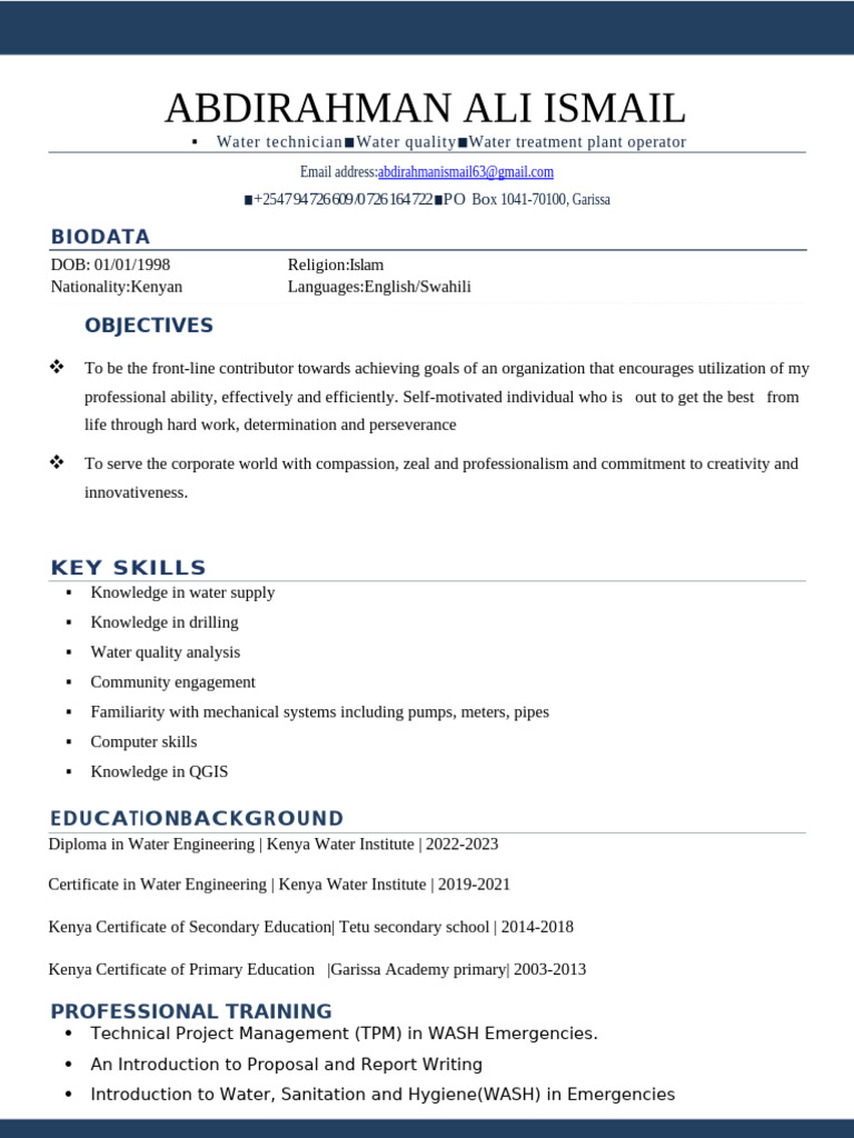 638736572052358968abdirahman Ali Ismail CV Final | PDF | Wash