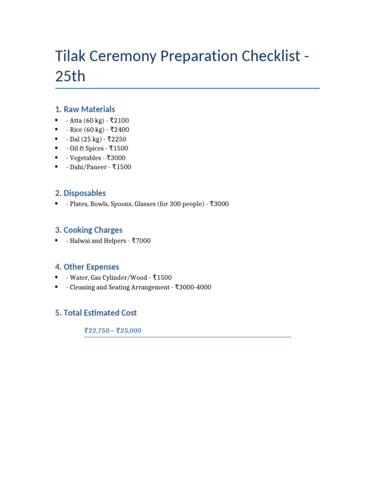 Tilak Ceremony Checklist | PDF