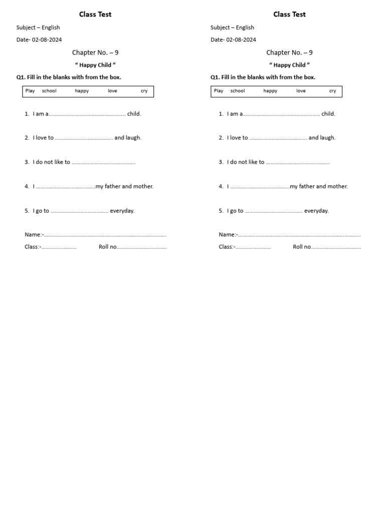 Class Test English Class 3 | PDF