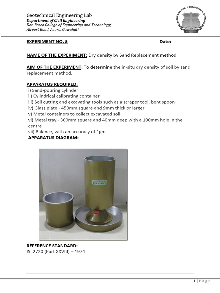 Dry Density by Sand Replacement Method | PDF | Density | Soil