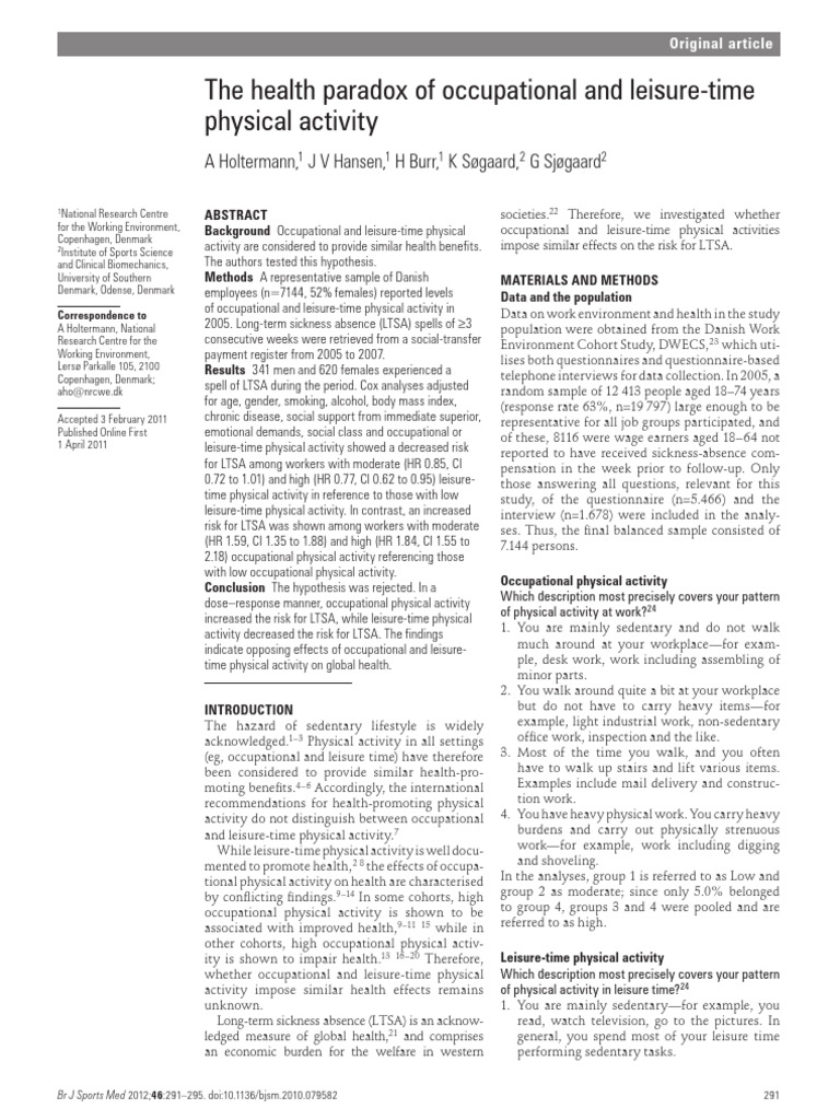 The health paradox of occupational and leisure-time physical activity ...