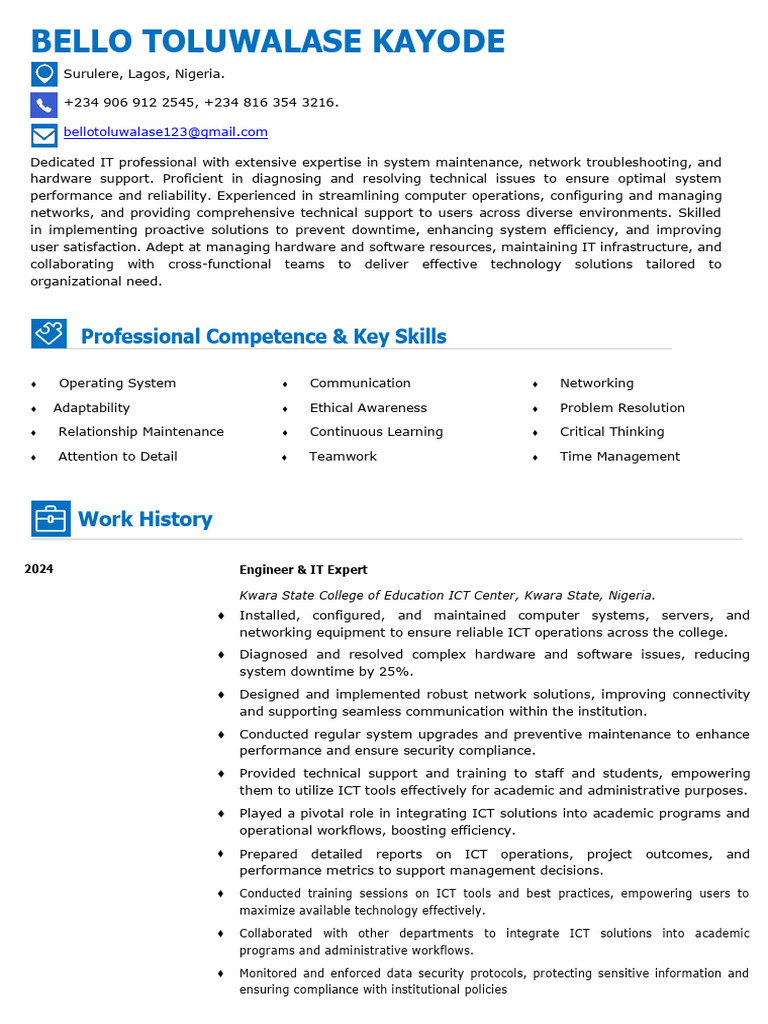 Bello Toluwalase Kayode CV | PDF | Technical Support | Computer Network