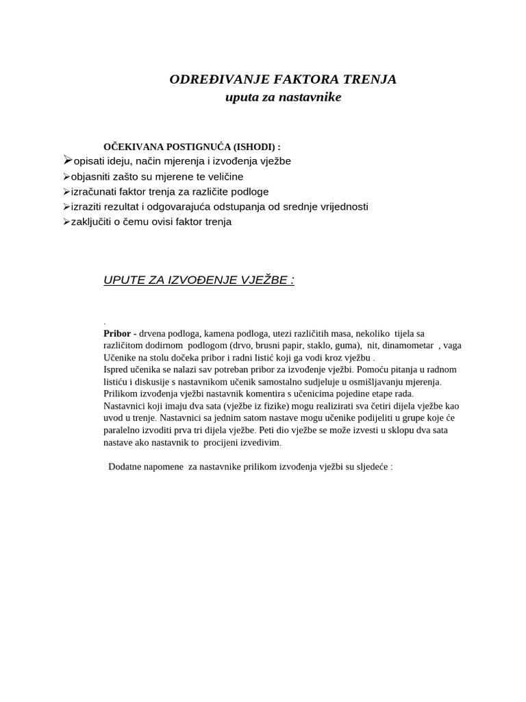 Odredivanje Faktora Trenja - Uputa Za Profesora | PDF