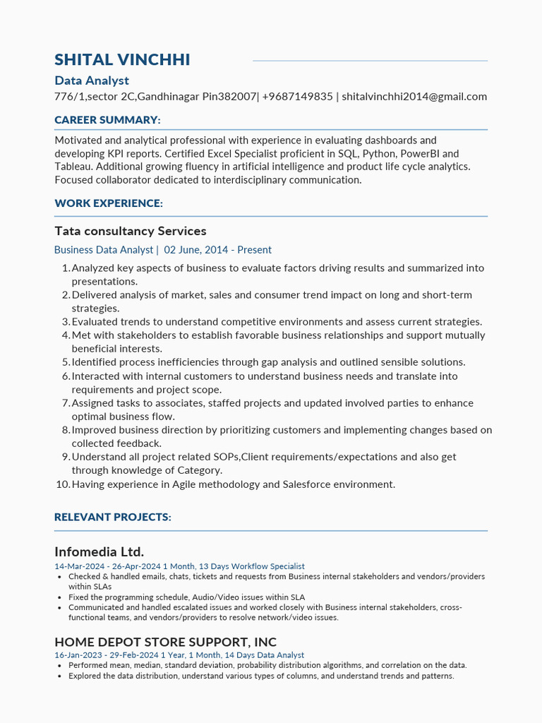 Shital Vinchhi Resume For Data Analyst | PDF | Data Analysis | Data