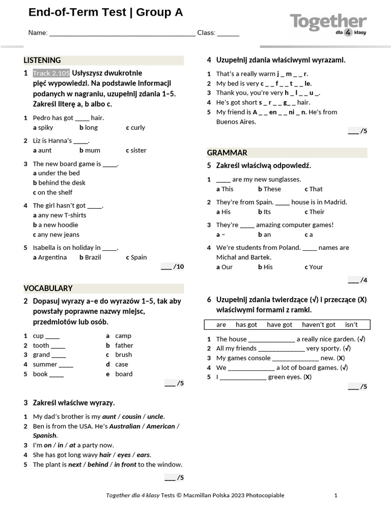 Listening and Vocabulary Test for Grade 4 | PDF