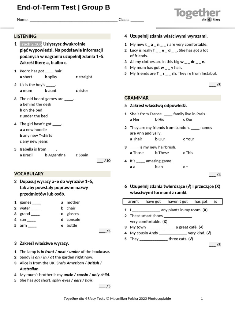Unit 2 Test for Class 4 Students | PDF
