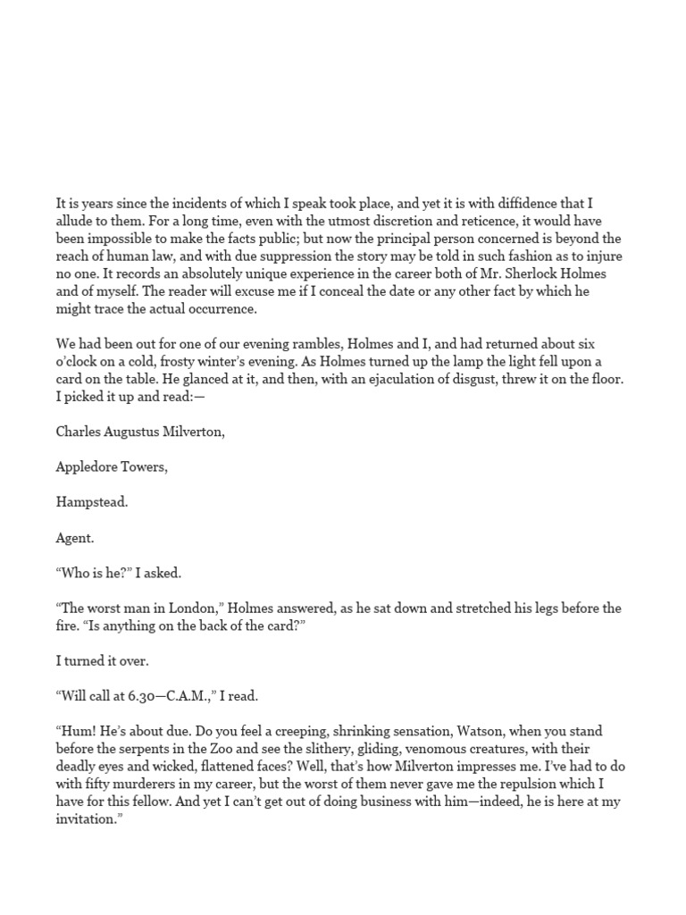 The Adventure of Charles Augustus Milverton | PDF | Sherlock Holmes ...