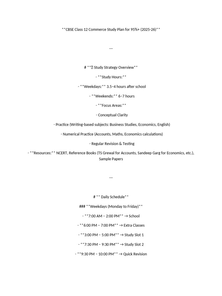 CBSE Class 12 Commerce Study Plan For 95 | PDF | Workweek And Weekend | Mathematics