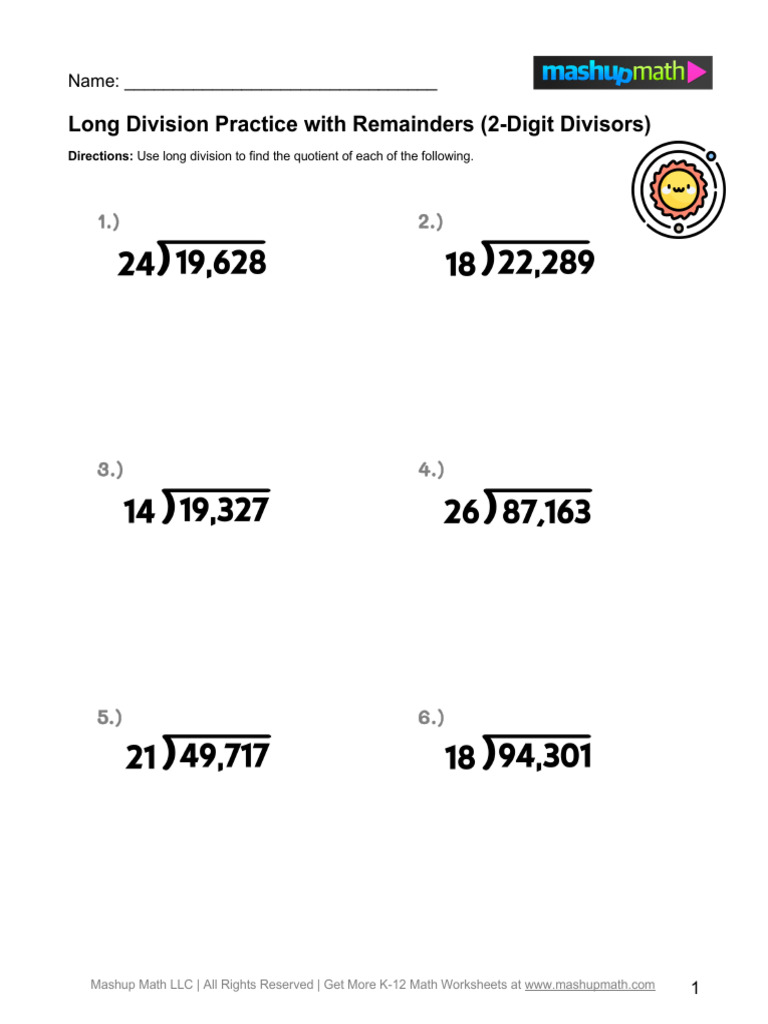 Long+Division+Practice+With+Remainders+ (2 Digit+Divisors) + (A) | PDF