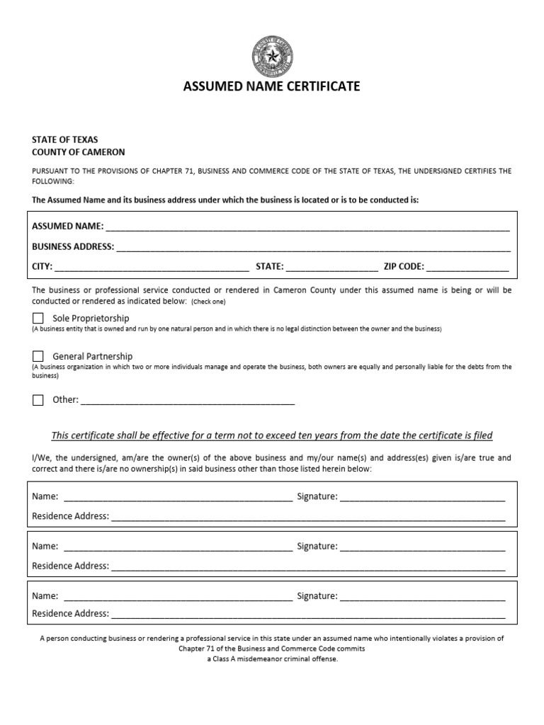 Texas Assumed Name Certificate Form | PDF | Business | Private Law