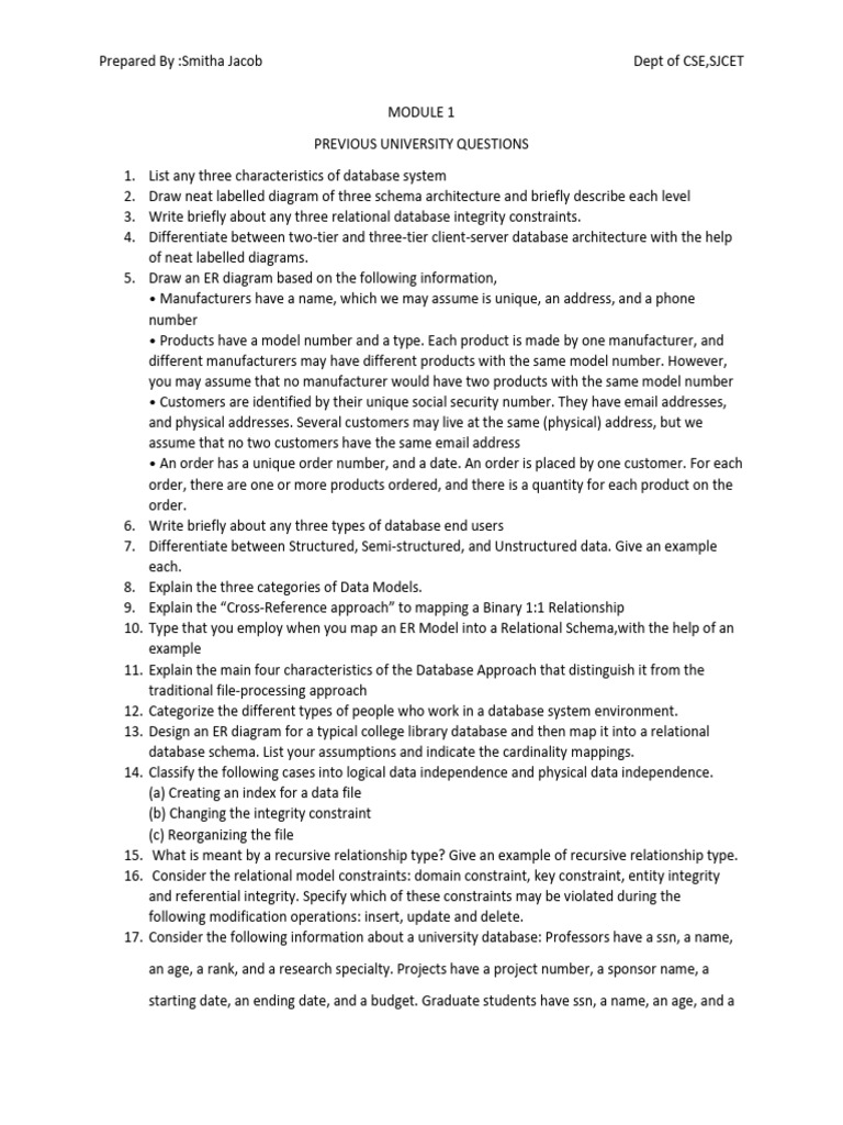 Ktu S4 Cse DBMS Module 1 Pyq | PDF | Databases | Relational Database
