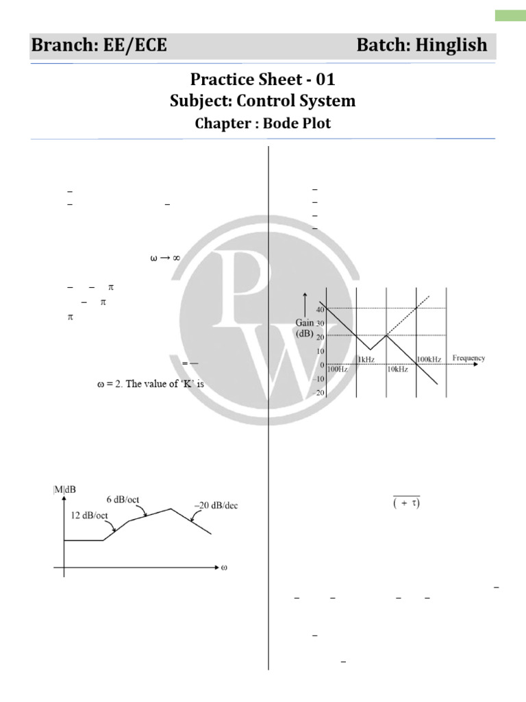 Bode Plot - Practice Sheet 01 (By Gatewallah) | PDF | Applied ...