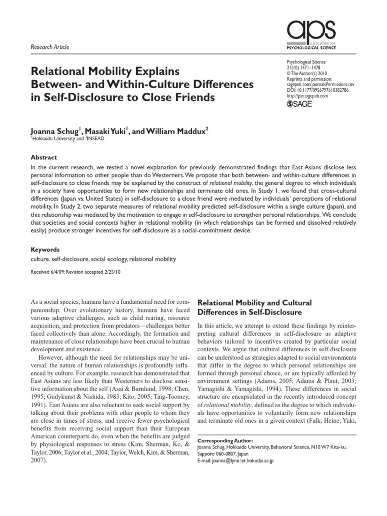 Differences in Self-Disclosure To Close Friends | PDF | Psychology ...