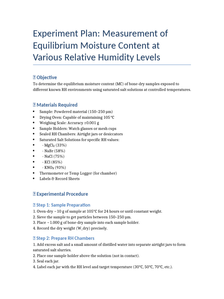 Equilibrium Moisture Content Experiment Plan | PDF | Temperature ...