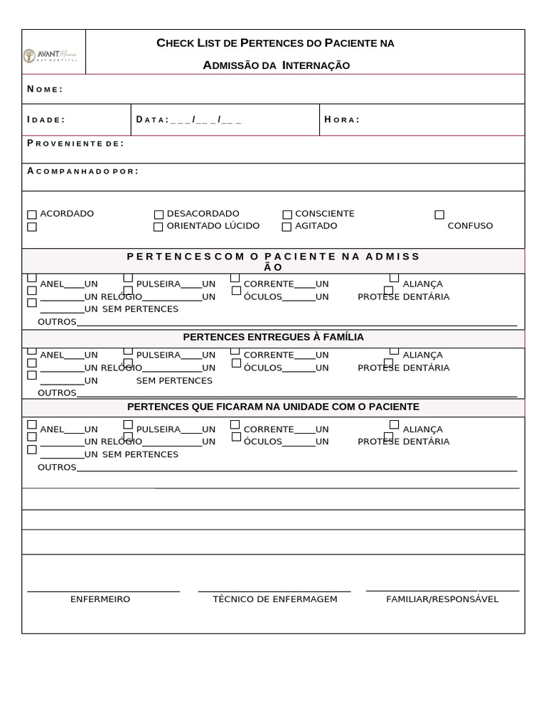 Checklist de Pertences na Admissão Hospitalar | PDF