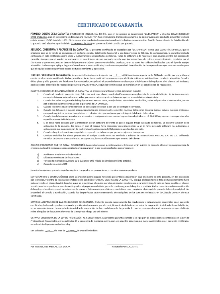 Certificado de Garantía para Teléfono Logic | PDF | Software | Business