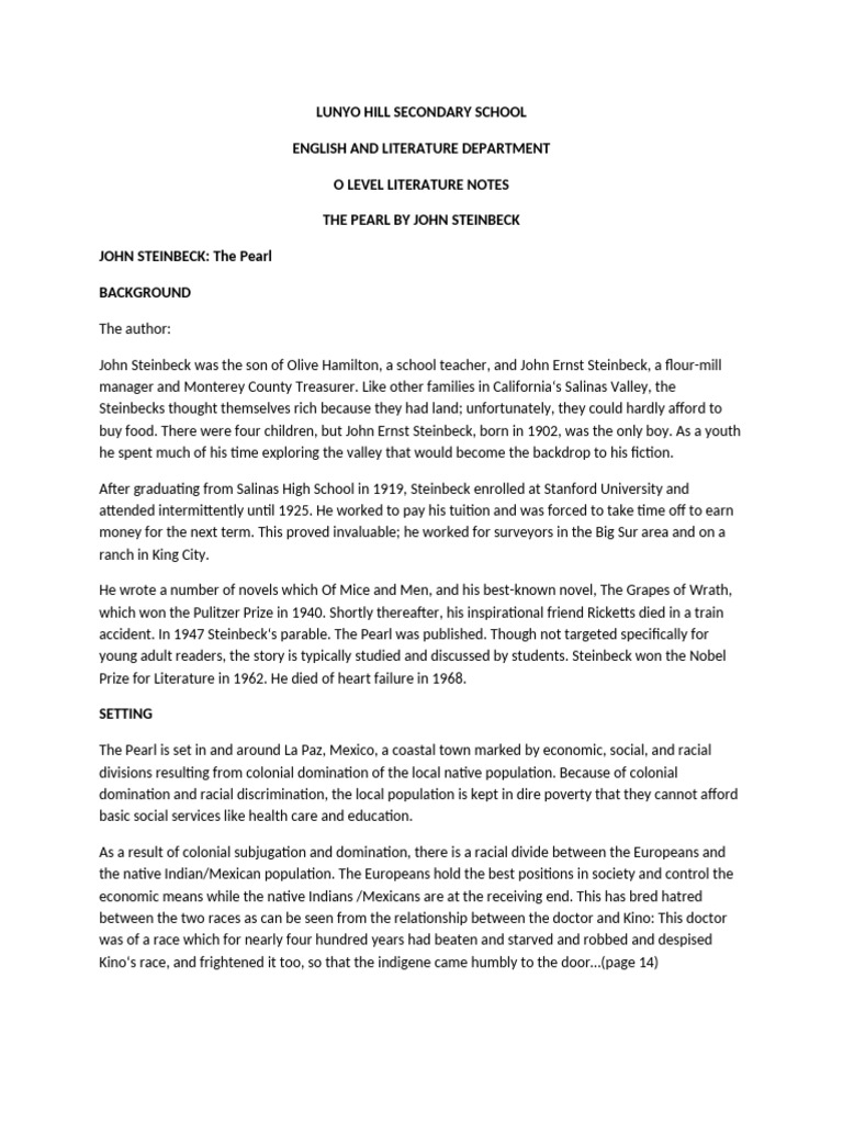 The Pearl by John Steinbeck Notes | PDF | John Steinbeck