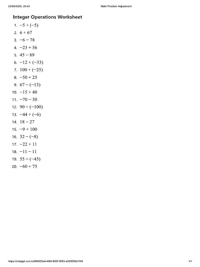 Integer Operations Worksheet | PDF