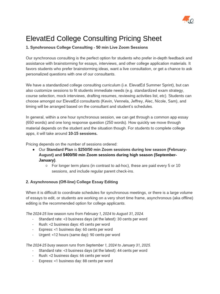 ElevatEd College Consulting Pricing Sheet 2024 [External Use] | PDF | Human Communication