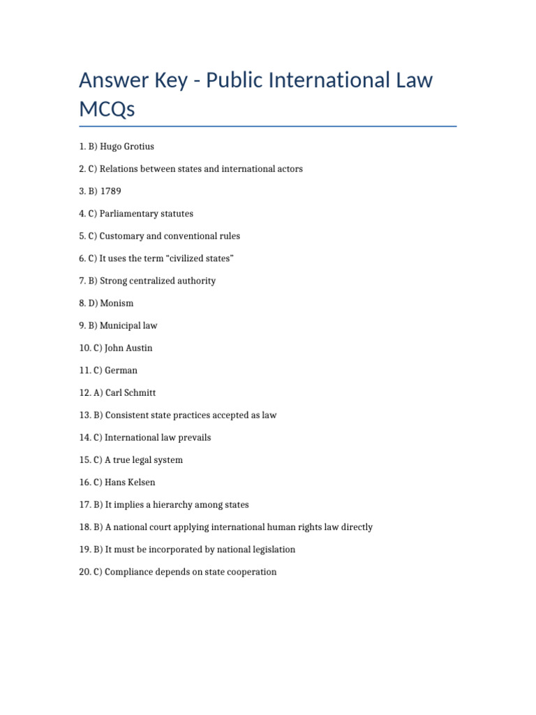 Answer Key for Public International Law MCQs | PDF