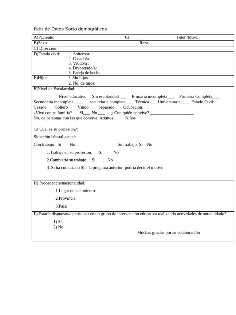 Ficha de Datos Socio demográficos | PDF