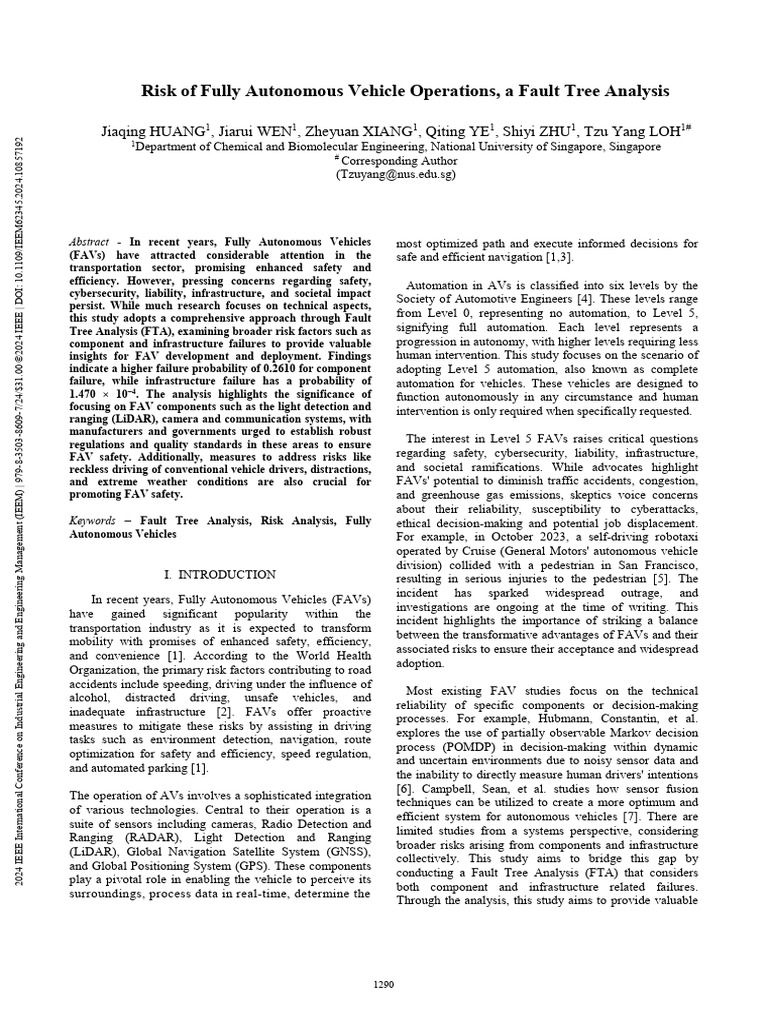 Risk of Fully Autonomous Vehicle Operations A Fault Tree Analysis | PDF | Traffic Collision ...