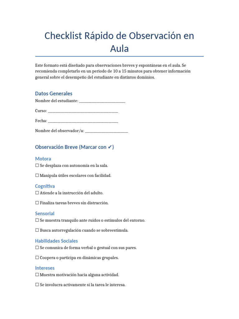 Checklist Observacion Aula TO | PDF