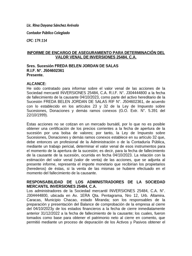 Inf Determ Valor Venal Acciones - Inv 2584 | PDF | Compartir (Finanzas) | Contabilidad