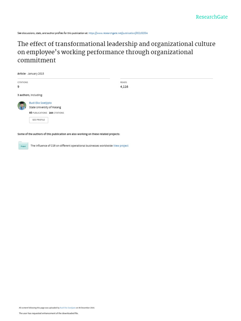 The Effect of Transformational Leadership and Organizational Culture On Employee's Working ...