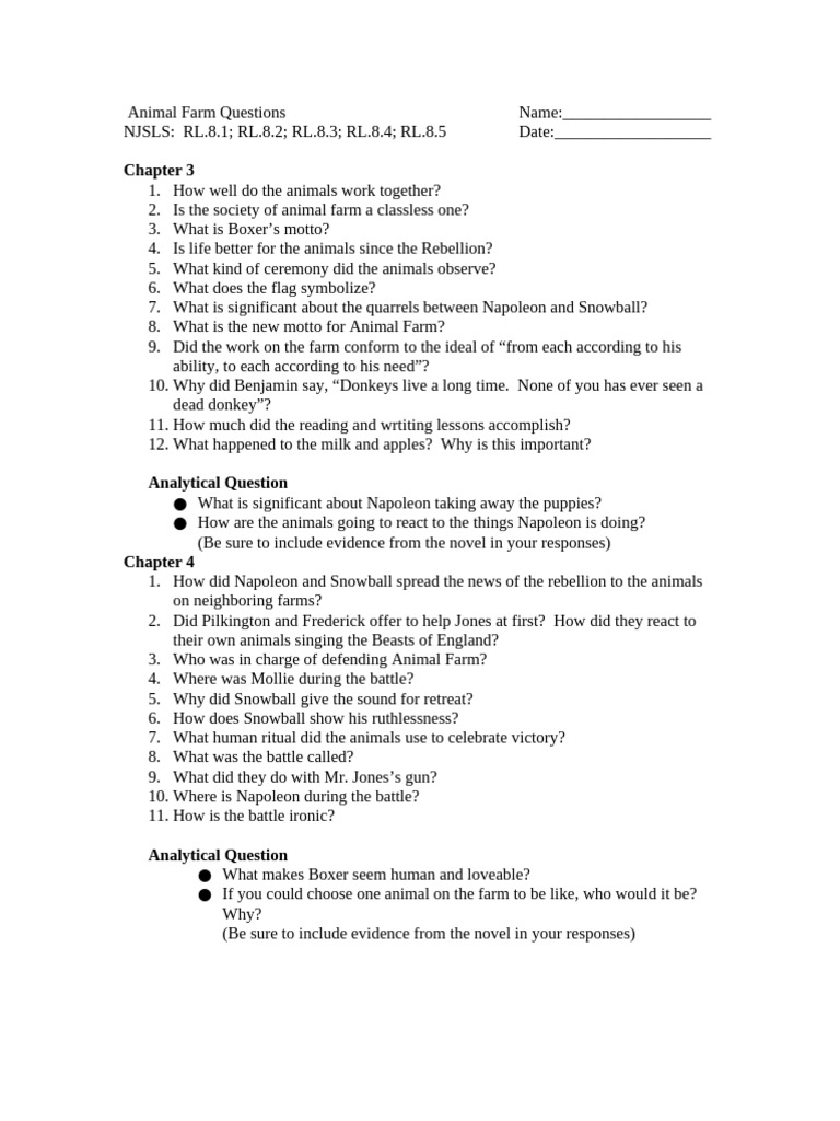 Animal Farm Questions Ch. 3 and 4 | PDF