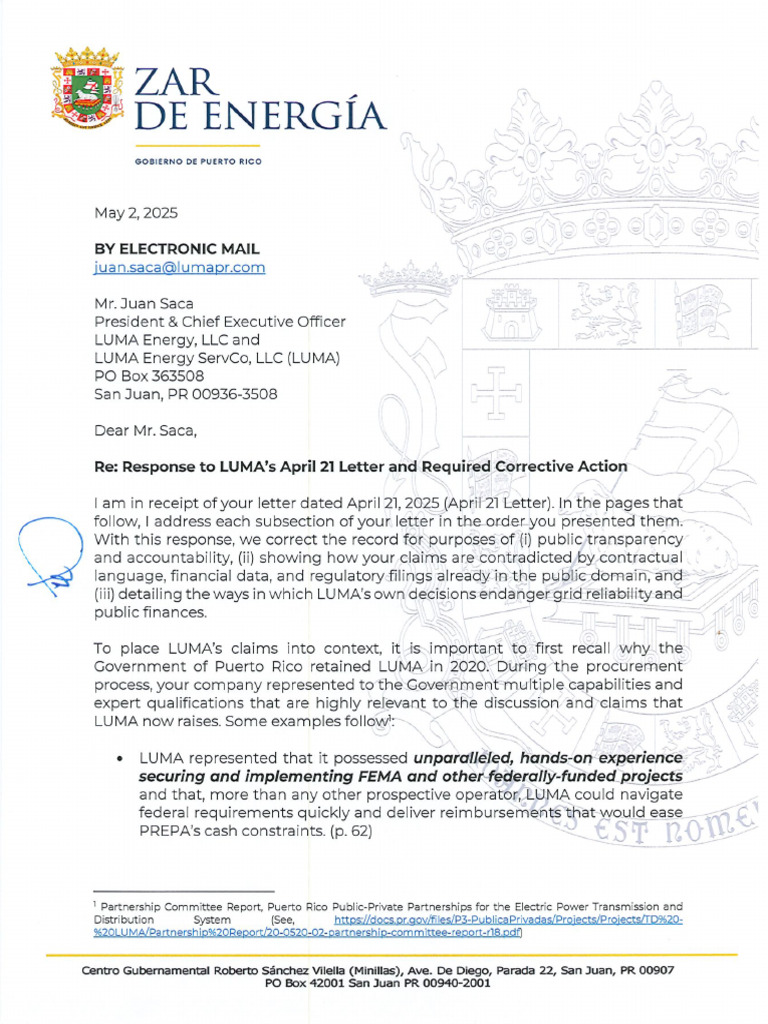 Response To LUMA's April 21 Letter and Required Corrective Action | PDF ...