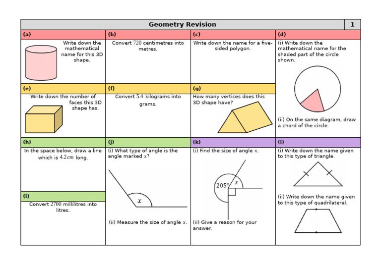 Geometry Revision Practice Grid 1 | PDF