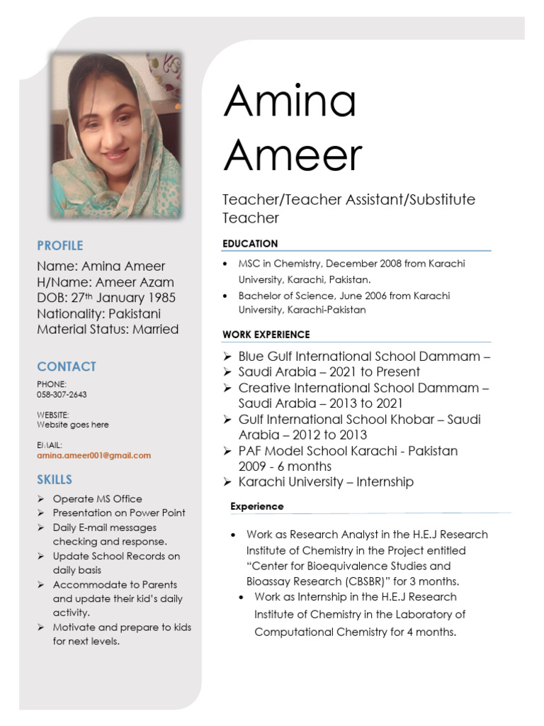 Amina Ameer Resume | PDF | Chemistry | Physical Sciences