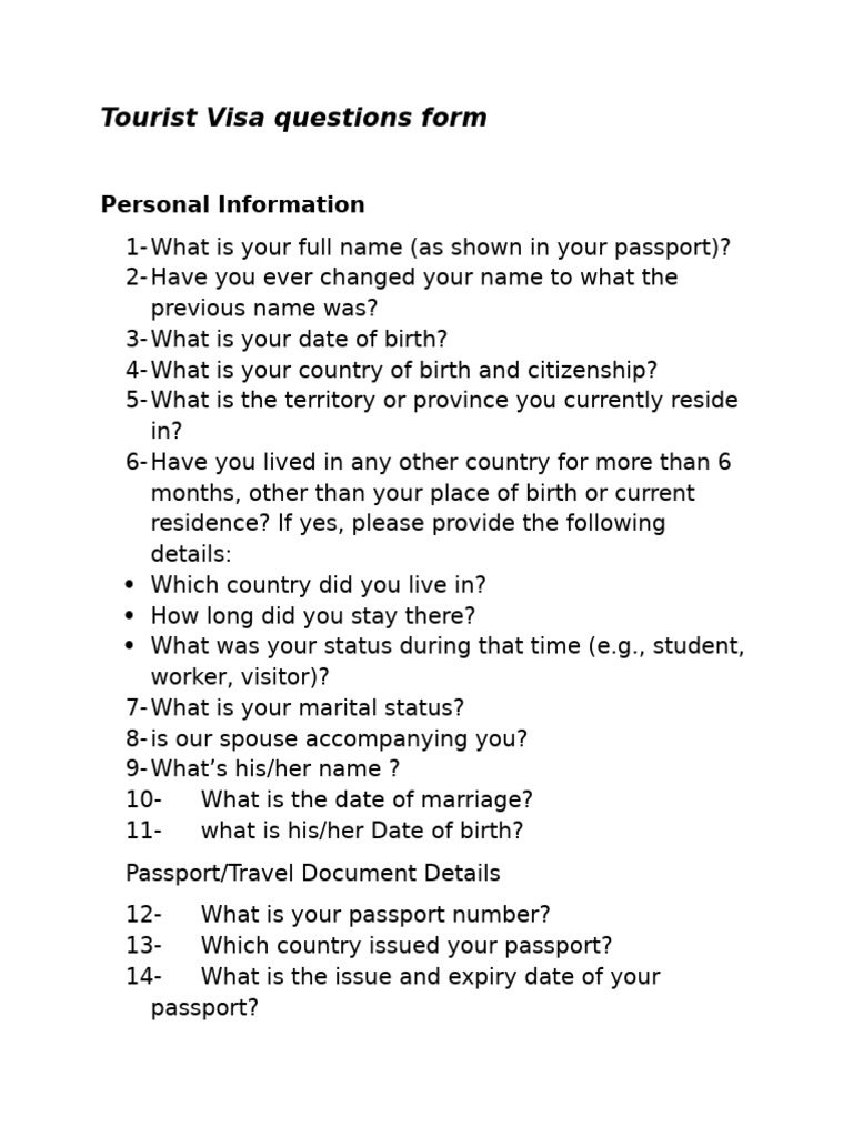 Tourist Visa Questions Form | PDF | Travel Visa | Passport