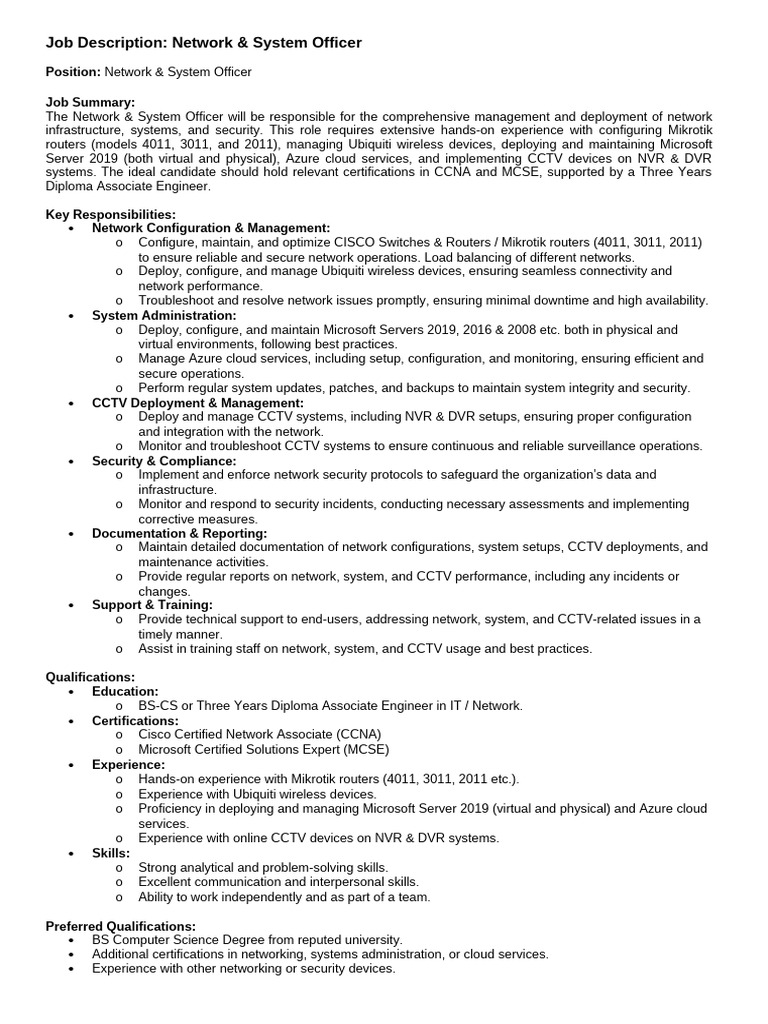 JD-Network & System Officer | PDF | Computer Network | Cisco Certifications