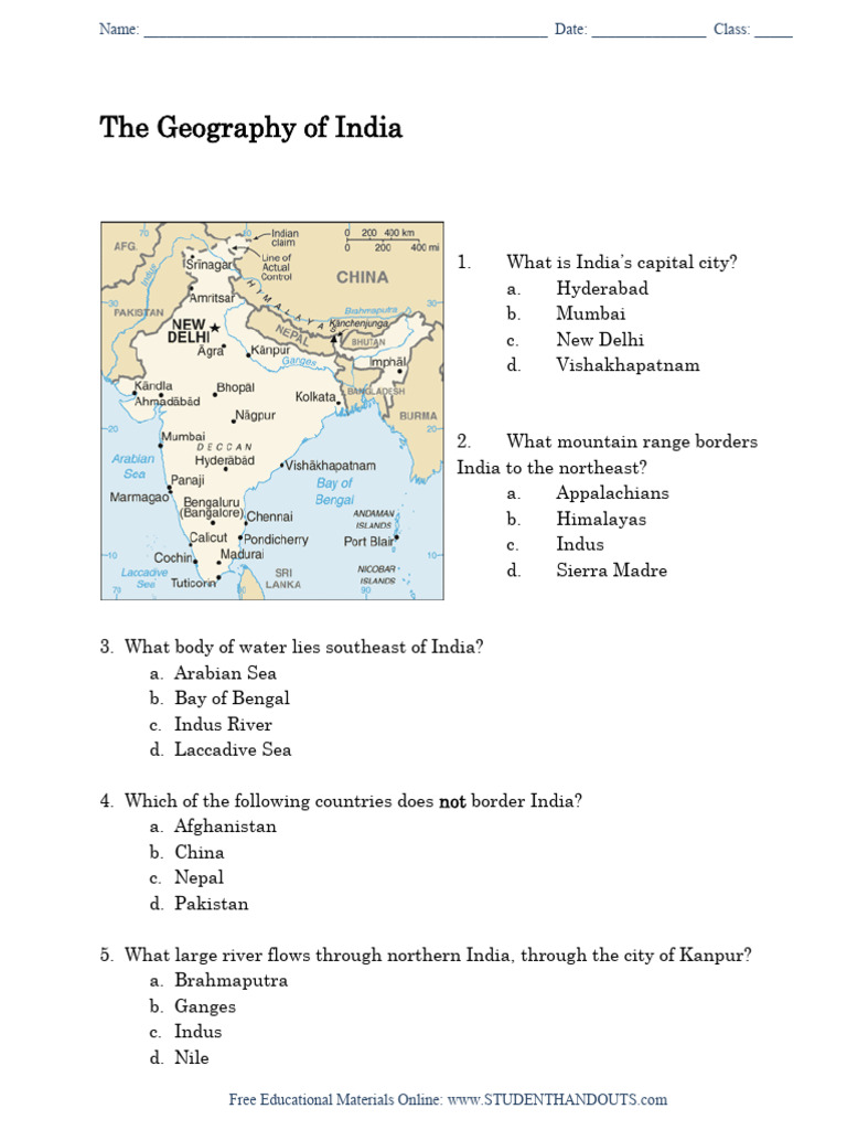Geography of India Map Worksheet | PDF