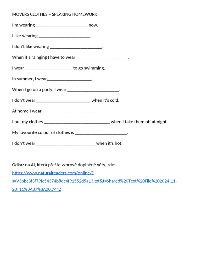 Movers Clothes-Speaking HW | PDF