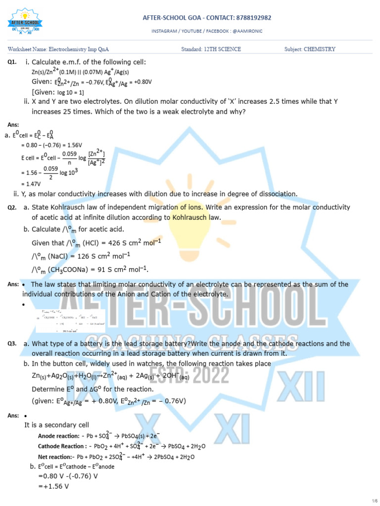 Electrochemistry Imp QnA-12TH SCIENCE-CHEMISTRY-Answersheet | PDF | Physical Chemistry | Chemistry