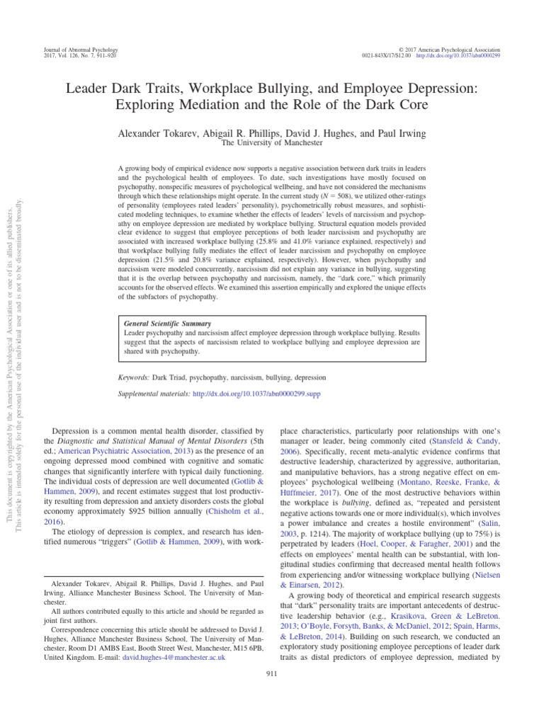Leader Dark Traits, Workplace Bullying, and Employee Depression ...