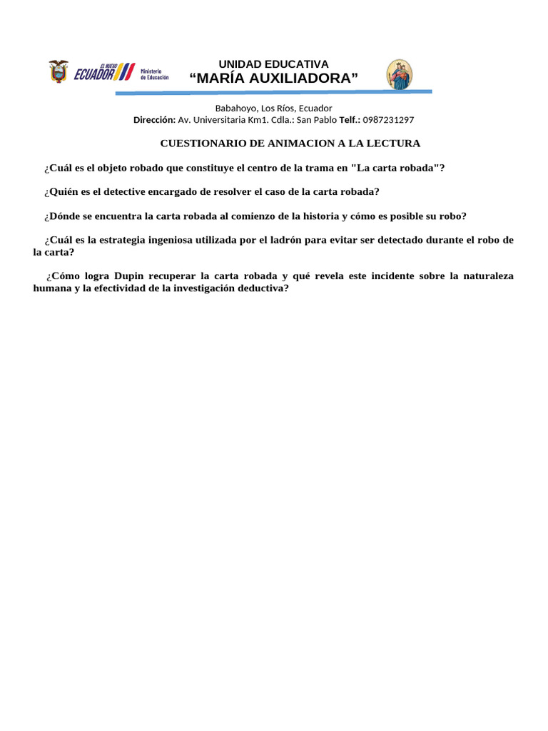 10 MO CUESTIONARIO DE ANIMACION A LA LECTURA DEL PRIMER TRIMESTRE | PDF