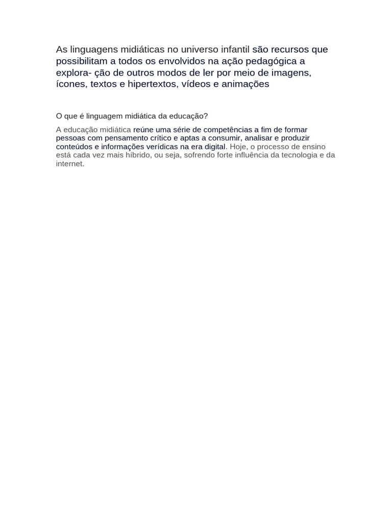 Linguagens Midiáticas na Educação Infantil | PDF