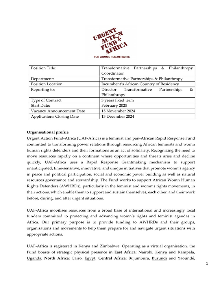 Transformative Partnerships Coordinator Role | PDF | Philanthropy | Africa