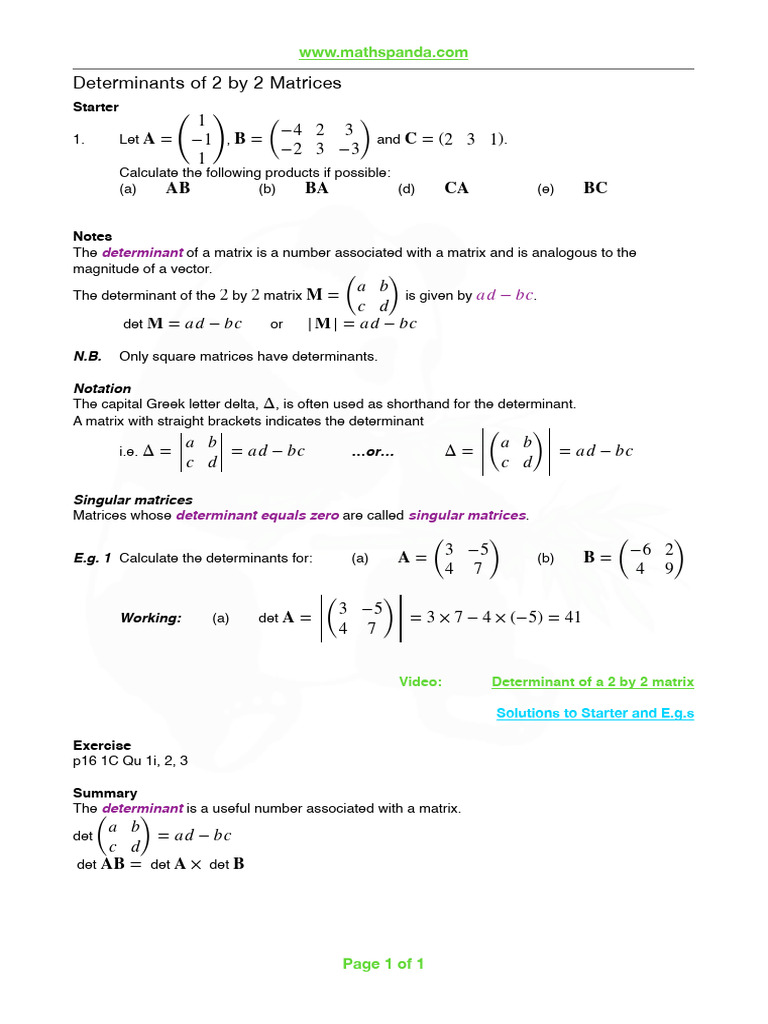 Determinants of 2 by 2 Matrices LESSON | PDF | Determinant | Matrix (Mathematics)