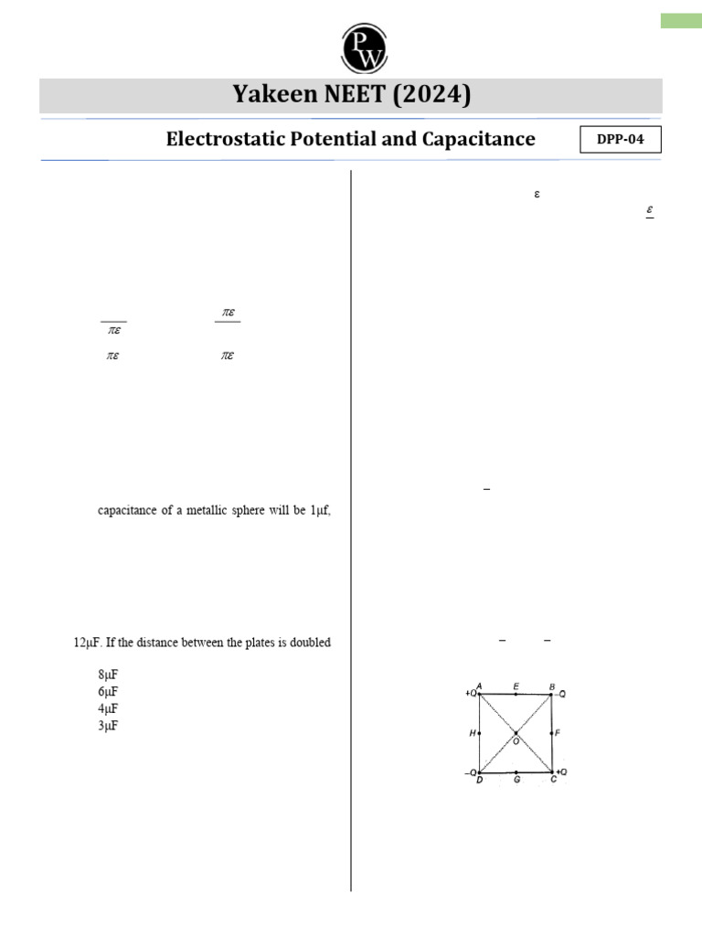 Electrostatic Potential and Capacitance - DPP 04 (Of Lecture 08) - Yakeen NEET 2024 | PDF ...
