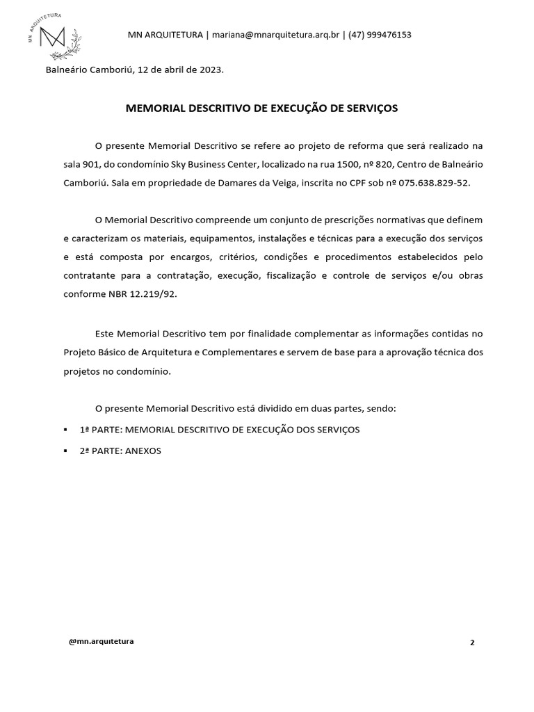 Memorial Descritivo - Sala 901 Sky | PDF | Drywall | Materiais