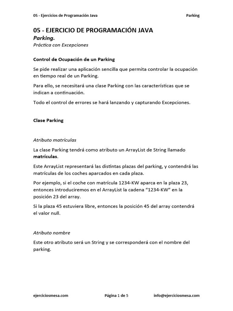 Ejercicio Java 05 Parking | PDF | Java (lenguaje de programación) | Constructor (Programación ...