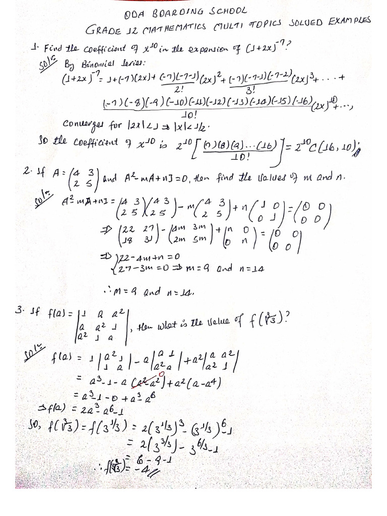 Grade 12 Mathematics Solved Examples | PDF