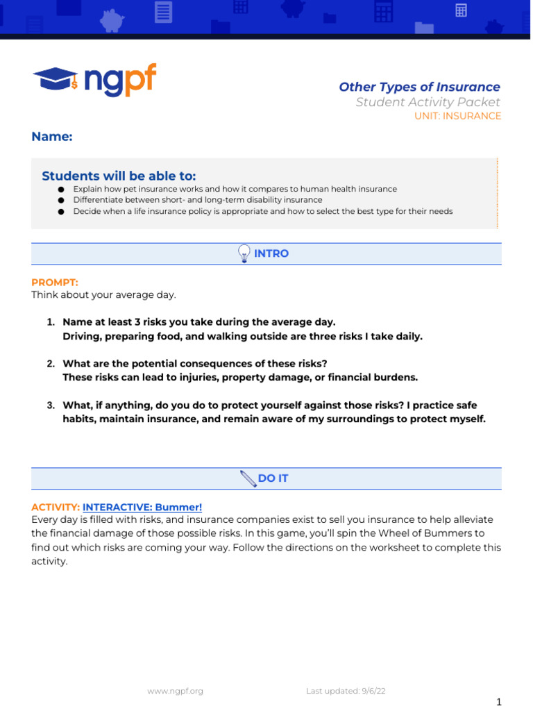 Other Types of Insurance Student Activity Packet | PDF | Life Insurance ...