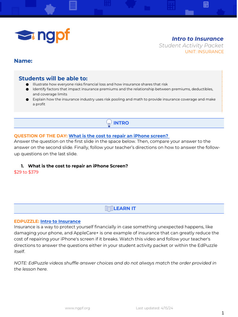 Copy+of+Intro+to+Insurance+Student+Activity+Packet | PDF | Insurance ...