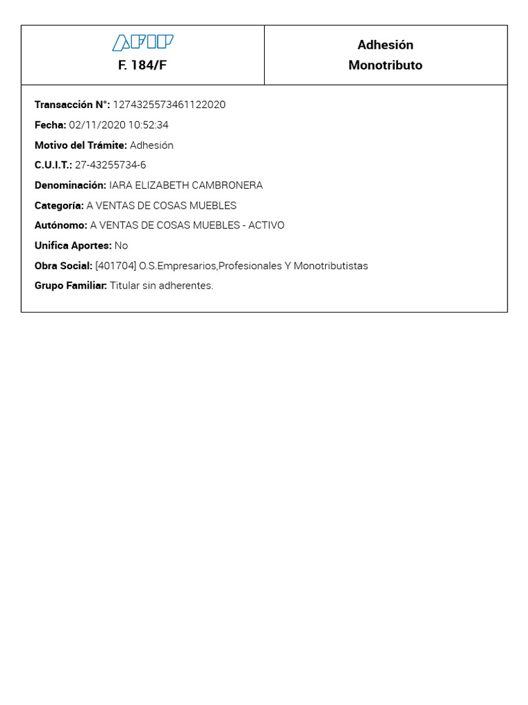 AFIP _ Formulario 184 | PDF